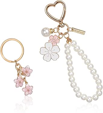 2Pcs Pearl Keychain Wristlet, Heart Pink Wristlet Keychain Car ...