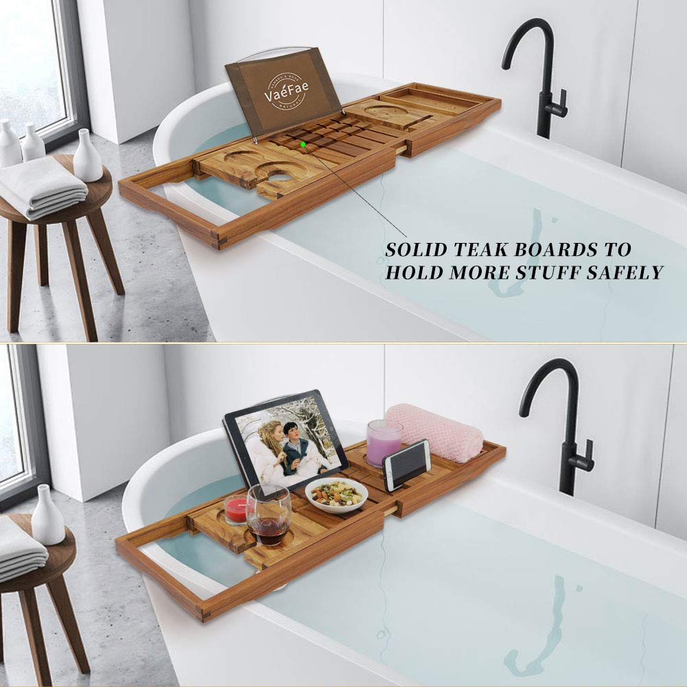 Teak Bathtub Tray, Expandable Wooden Bath Tray for Tub with Wine and ...