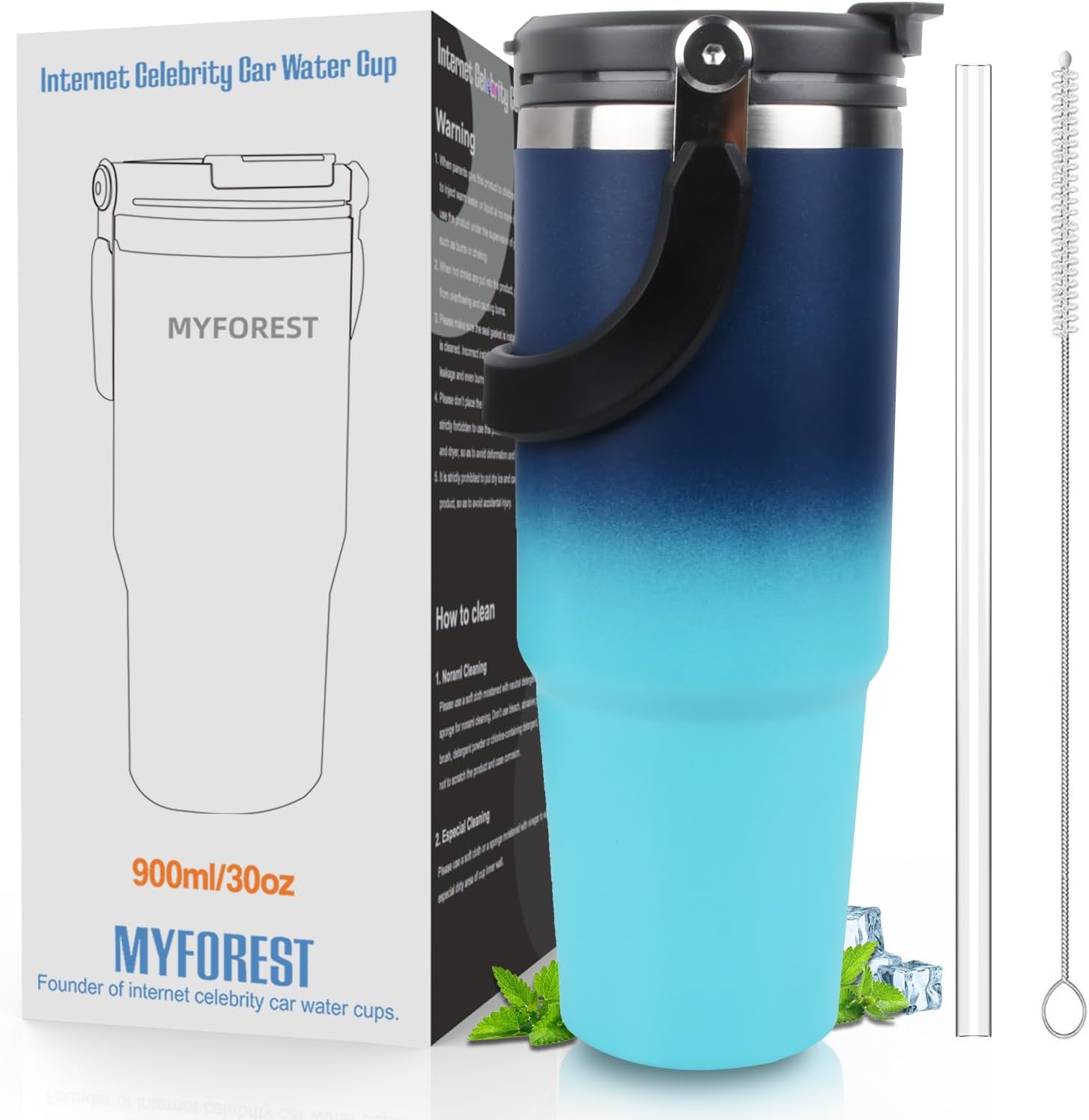 MYFOREST Insulated Tumbler 900ml/30oz, Coffee Mug to Go with Straw, Double-Wall Stainless Steel ...