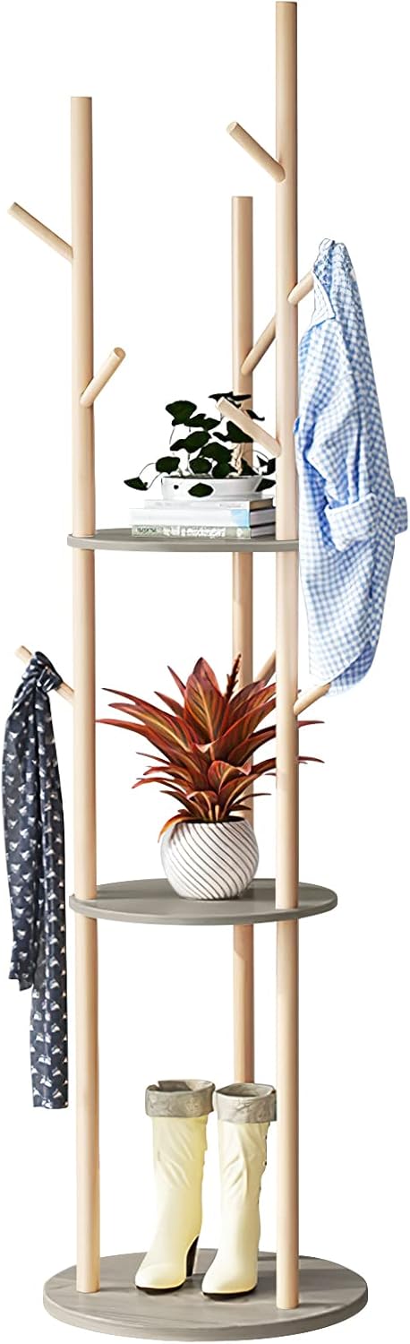 XIDIHF Wooden Coat Rack Tree with 3 Tiers Shelves, Free-Standing Hall ...