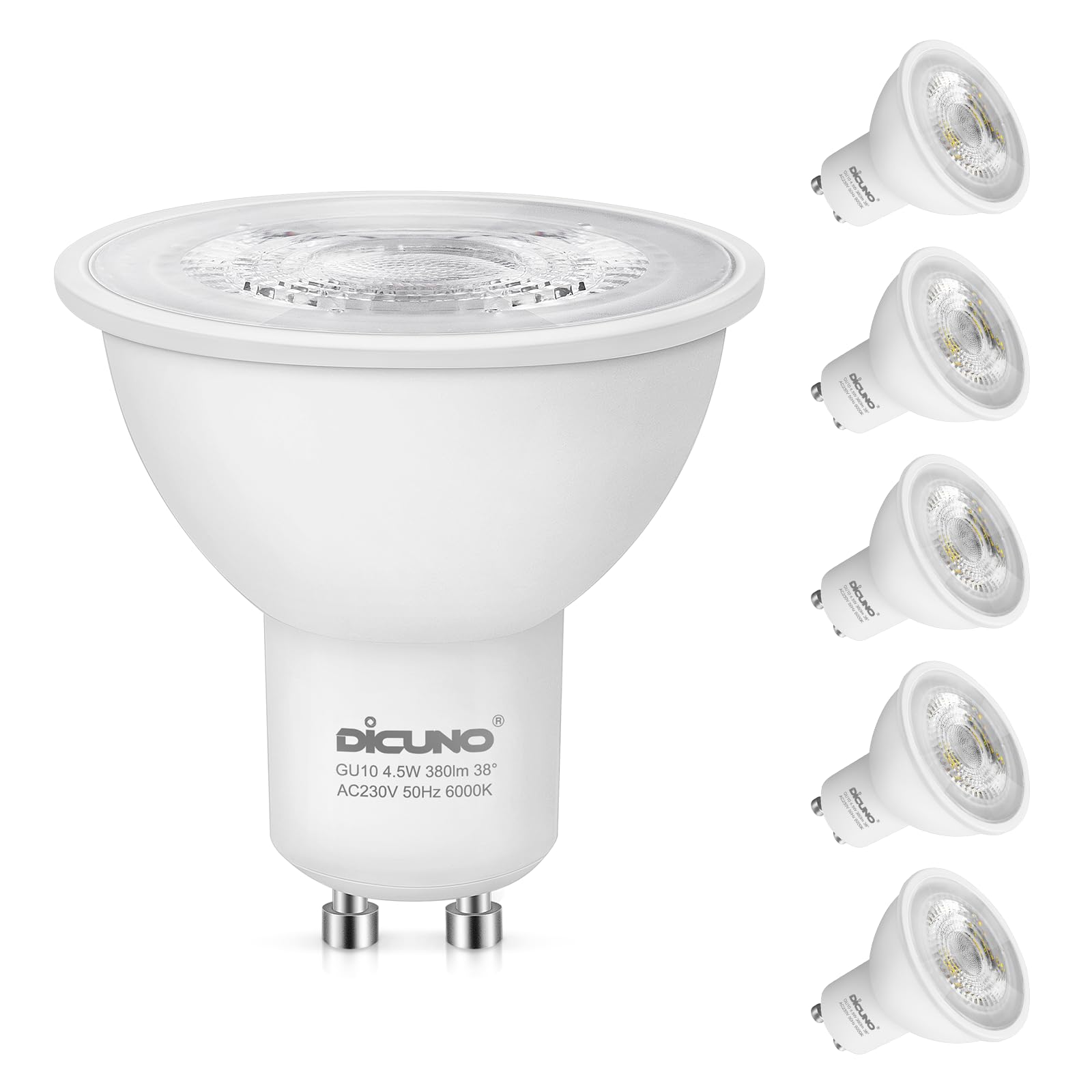 DiCUNO GU10 LED Bulbs Cool White 6000K, 4.5W 380LM Energy Saving GU10 ...