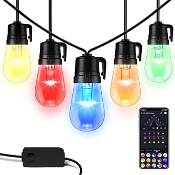 Smart RGB Outdoor String Lights, ASAHOM 48FT Shatterproof Multicolored ...