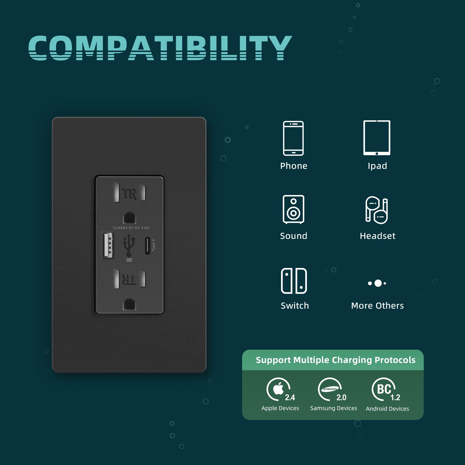 Snapklik.com : TOPELER Black USB Wall Outlet, 48A USB Charger Wall ...