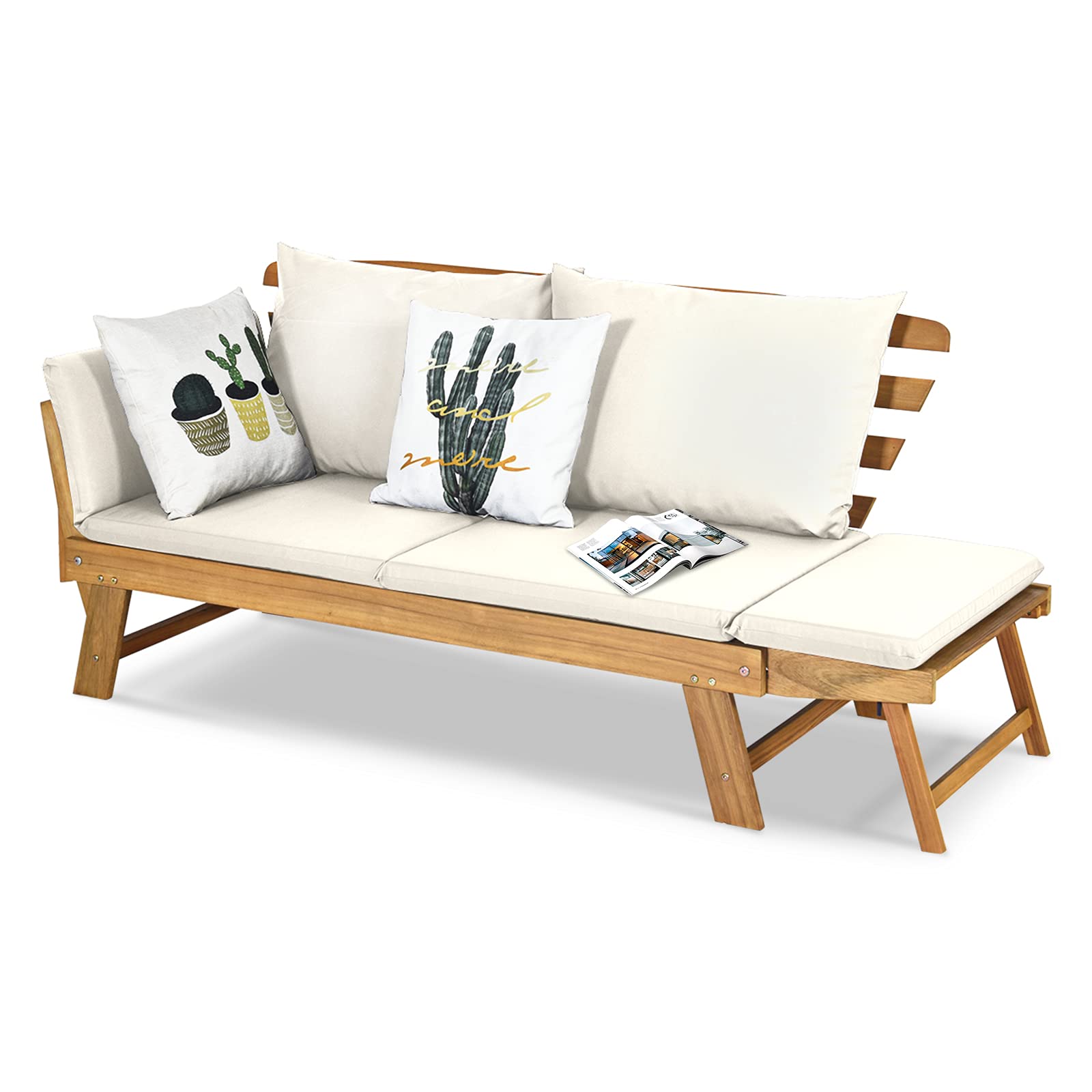 Costway Outdoor Convertible Acacia Wood Daybed, Couch Sofa Bed w ...