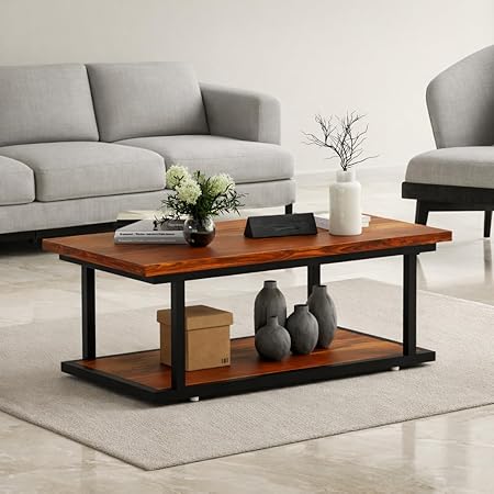 Sheesham Wood Rectangular Coffee Table Modern 2-Tier Center Table with ...