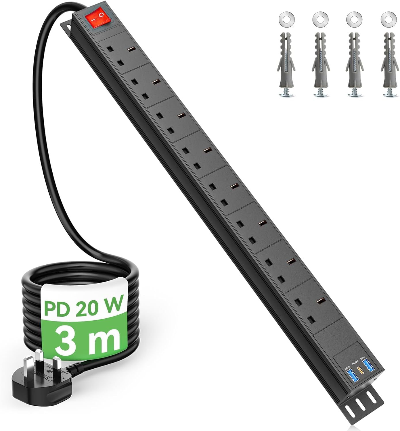 3m Cable 8 Way Power Strip Surge Protector, 8 Way Extension Lead USB C ...