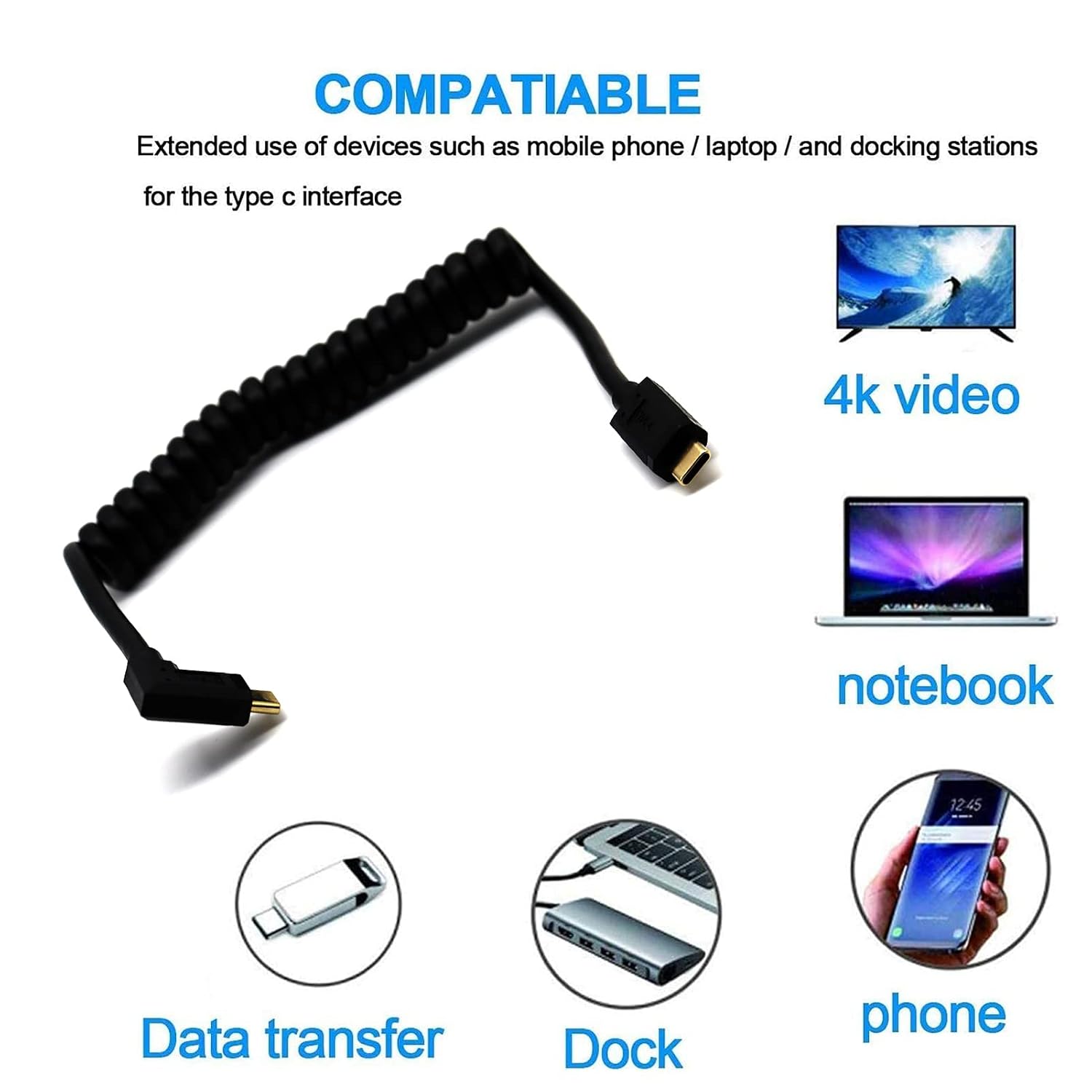 MOTONG Coiled Type C Cable, USB 3.1 C to USB 3.1 C Cable, Coiled Type C ...