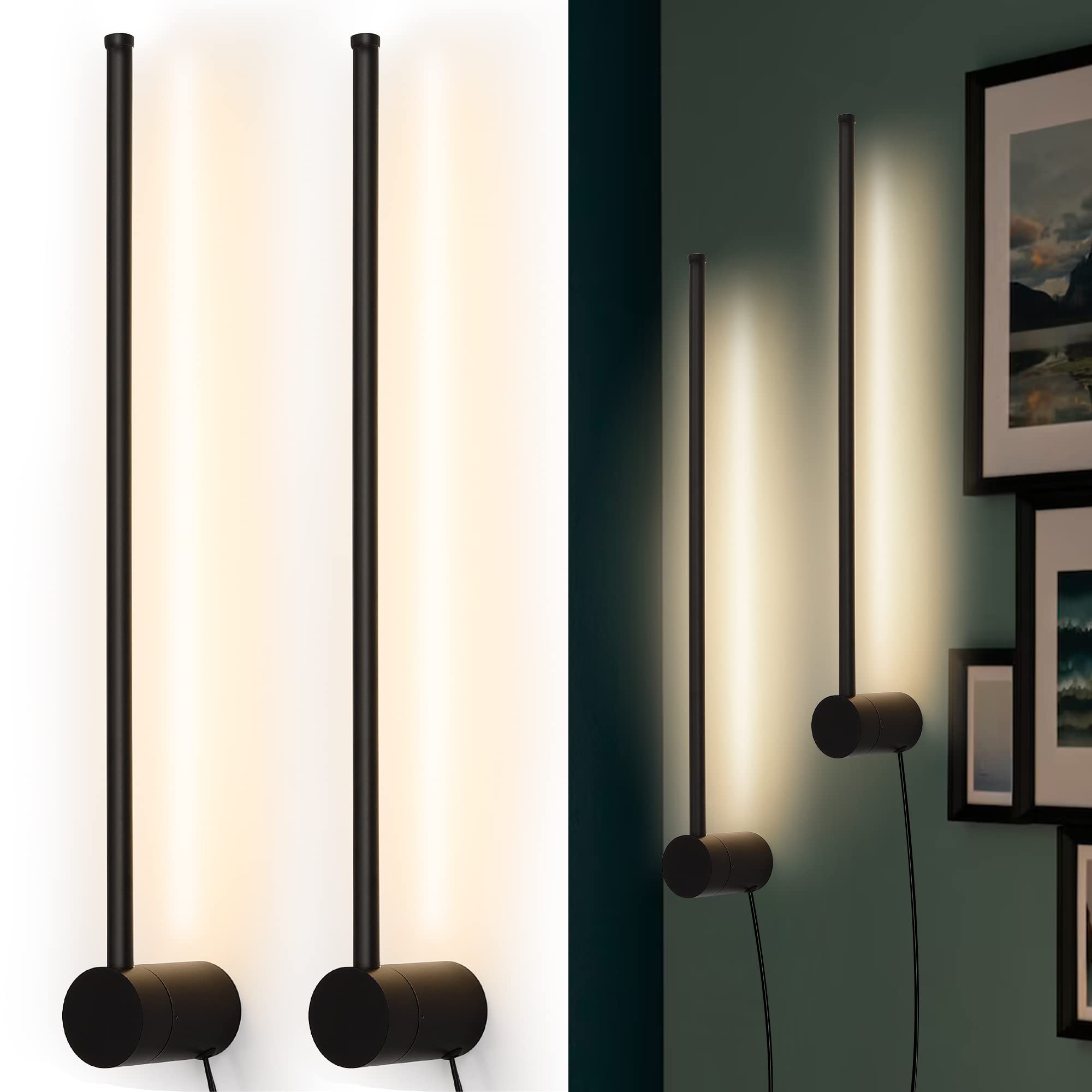 KARTOOSH Plug in Wall Sconce Set of 2, Black Minimalist Built-in LED ...