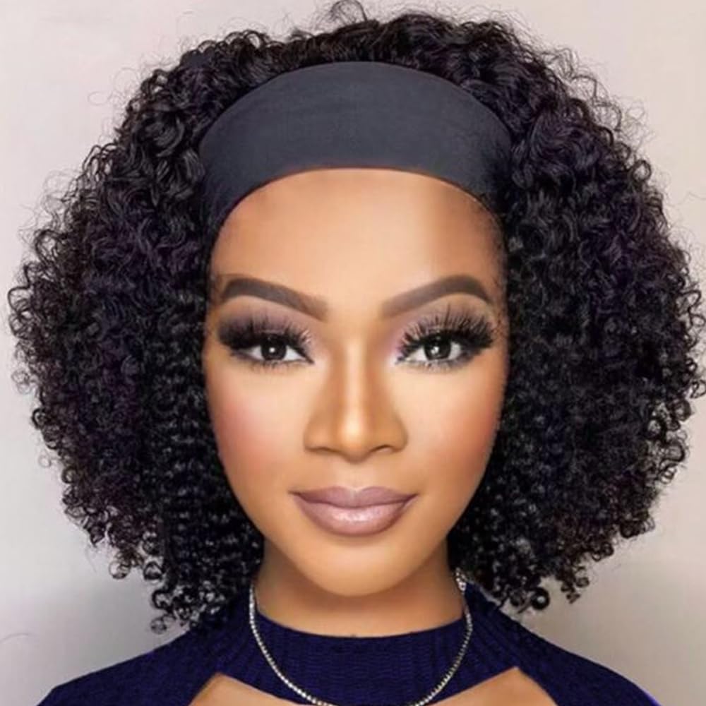 Headband Wig Human Hair Kinky Curly Headband Wig 12 Inch Wigs for Women ...