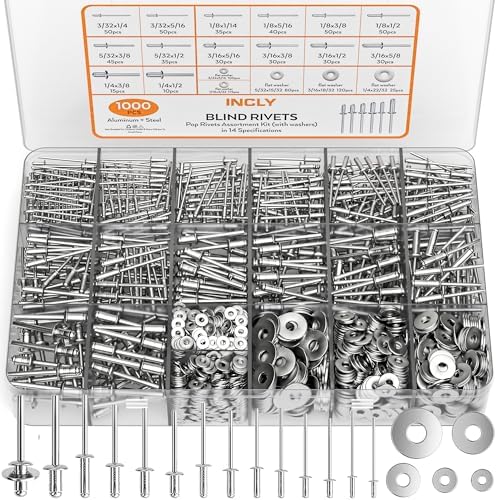 INCLY 1000PCS Aluminum Pop Rivets Assortment Kit, 14 Sizes Pop Rivets ...