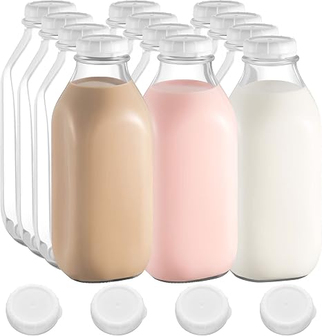 Amazon.com - 12 Pack 32oz Glass Milk Bottle with Lid Glass Milk Bottles ...