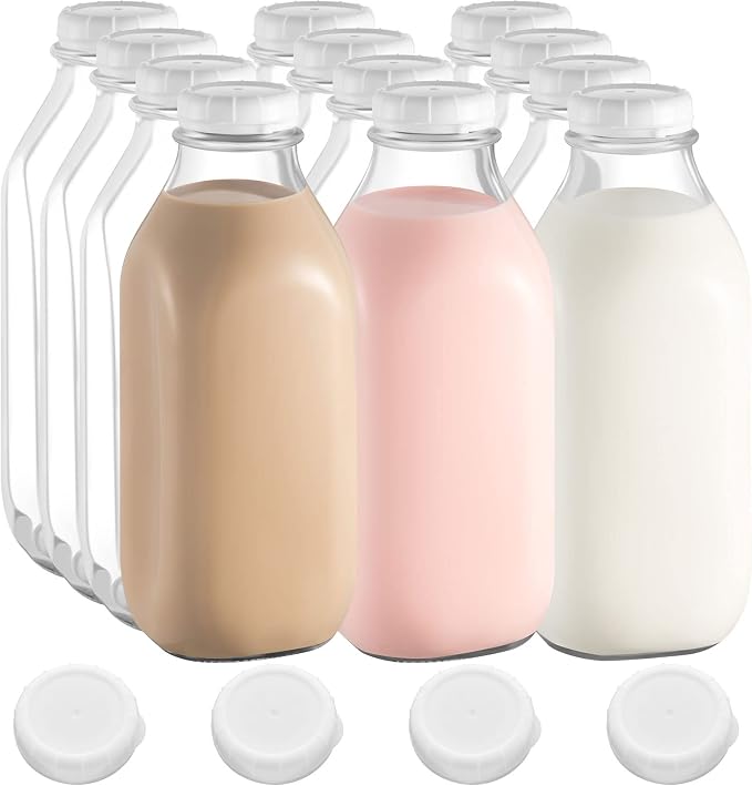 Amazon.com - 12 Pack 32oz Glass Milk Bottle with Lid Glass Milk Bottles ...