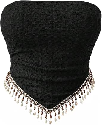 RoseSeek Women's Plus Size Fringe Beaded Tube Tops Strapless Sleeveless ...
