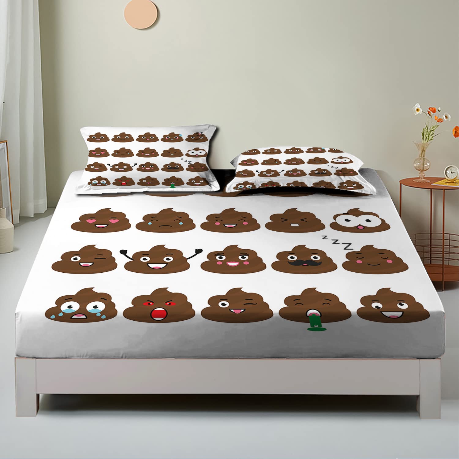 Amazon.com: Poop Emoticon theme King Fitted Sheet & Pillow Sham Set,Sad ...