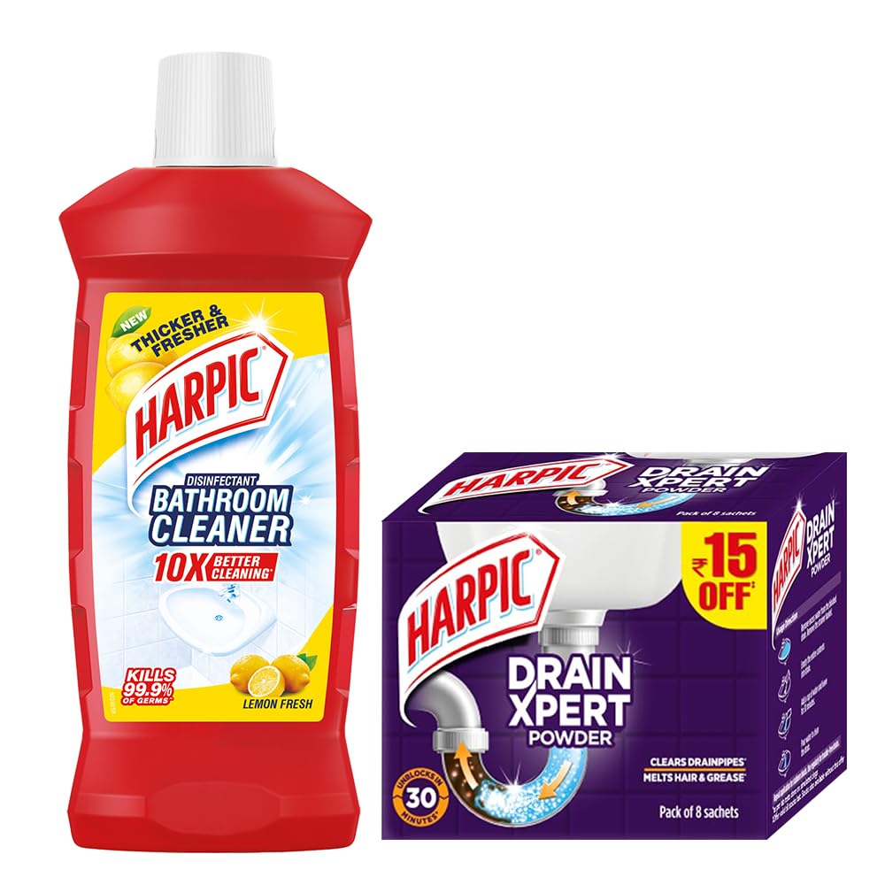 Harpic Disinfectant Bathroom Cleaner Liquid, Lemon - 1L + Harpic Drain ...