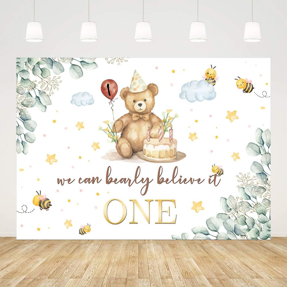 Amazon.com : AIBIIN Bear 1st Birthday Backdrop We Can Bearly Believe It ...