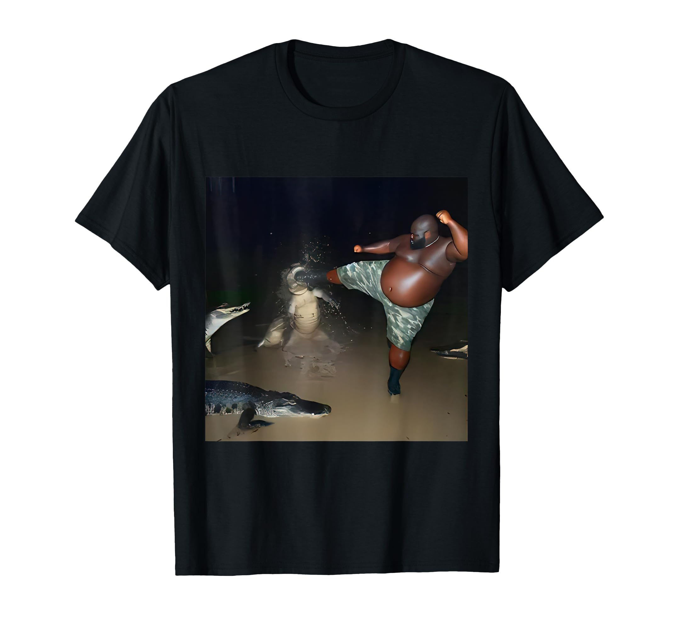 Amazon.com: Man Kick Alligator In Swamp Funny Oddly Specific Meme T ...
