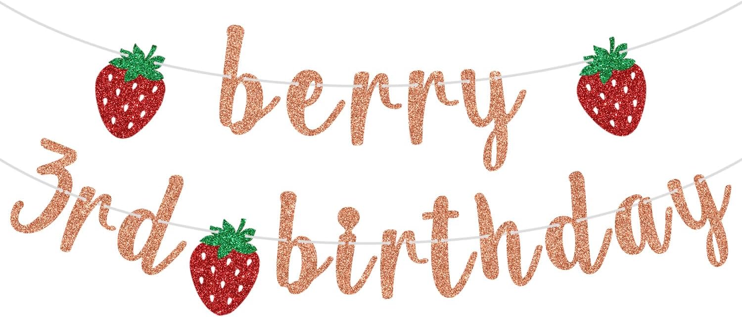 Amazon.com: Strawberry Happy 3rd Birthday Banner, Berry 3rd Birth Day ...