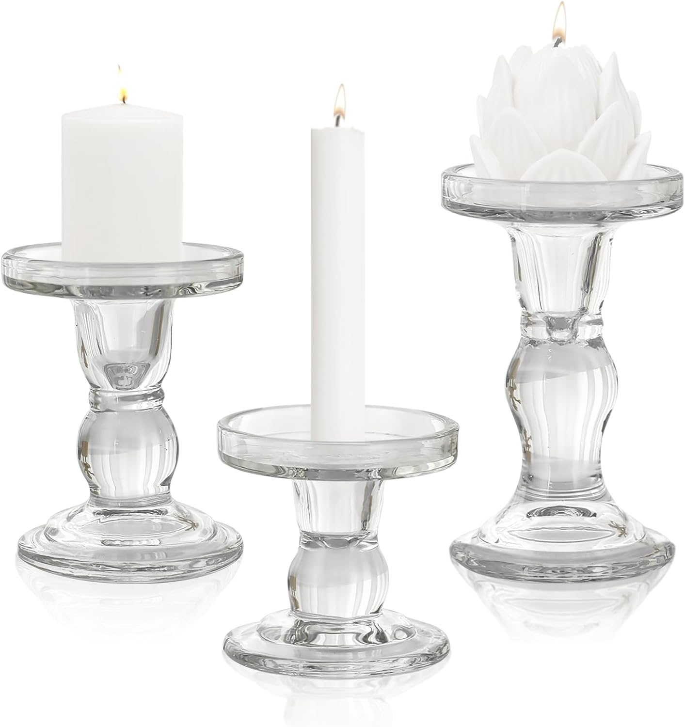 Amazon.com: Glass Candle Holders, 3 Pieces Crystal Clear Candlesticks ...