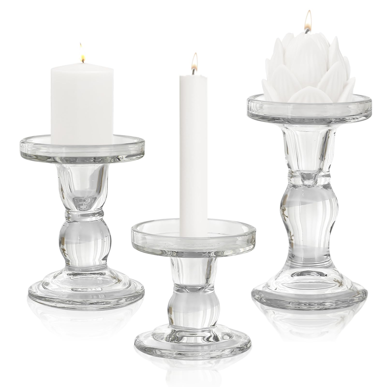 Amazon.com: Glass Candle Holders, 3 Pieces Crystal Clear Candlesticks ...