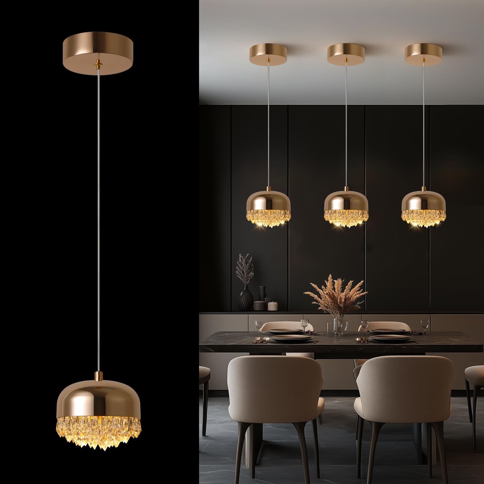 TKHKY Gold Pendant Light Fixture, Modern Crystal Pendant Lights Kitchen ...