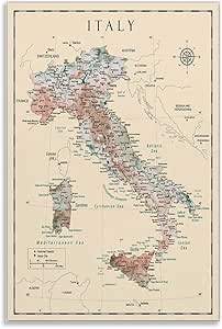 Amazon.com: Italy Detailed Map Wall Art - Vintage Map of Italy, Italian ...
