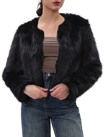 Amazhiyu Women's Faux Fur Cropped Coat Pockets Long Sleeve Open Front Winter Jacket at Amazon ...