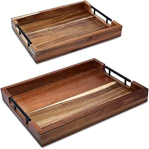 Amazon.com: Acacia Wood Serving Tray with Handles Set of 2, Rustic ...