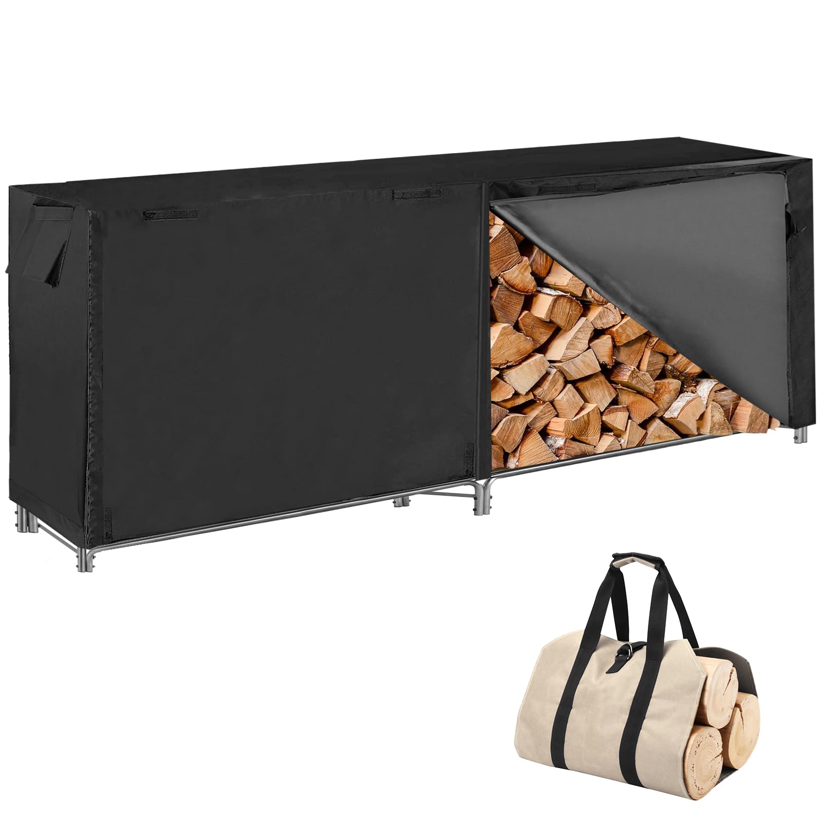 Emalie 8ft Heavy Duty Firewood Log Rack with Waterproof Cover and Log ...