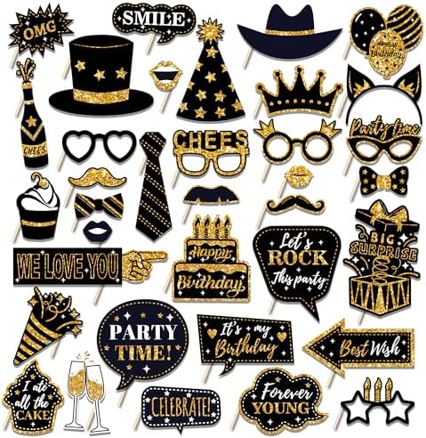 NiCoLa 36 Pcs Photo Booth Props, Happy Birthday Photobooth Props Black ...