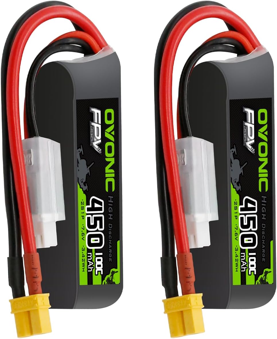 Amazon.com: OVONIC 7.6V 100C 450mAh 2S Lipo Battery Long Size with XT30 ...