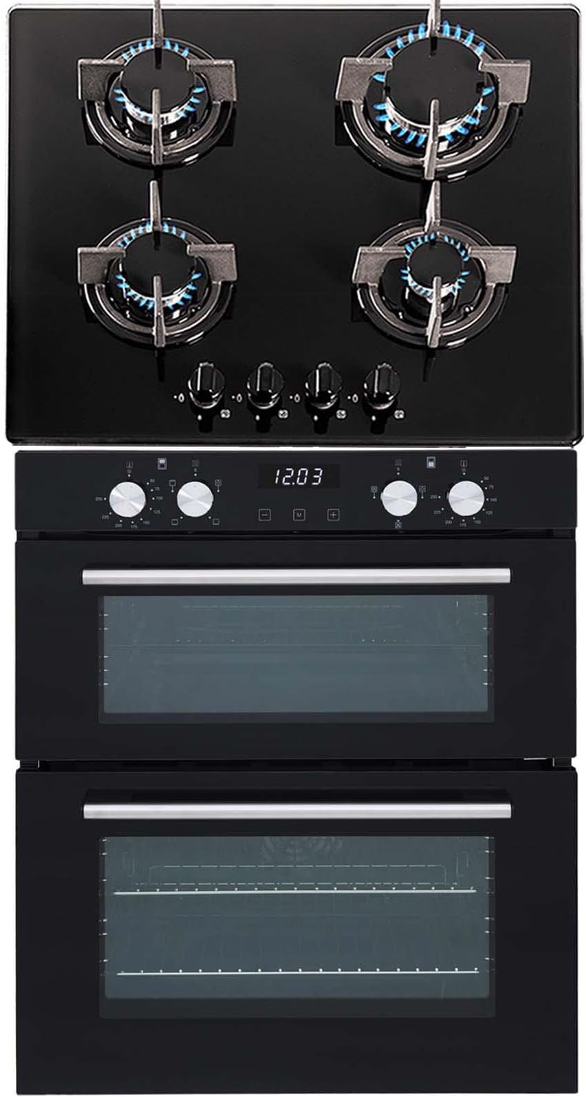 SIA 60cm Black Built Under Double Electric Fan Oven & SIA 4 Burner Gas ...
