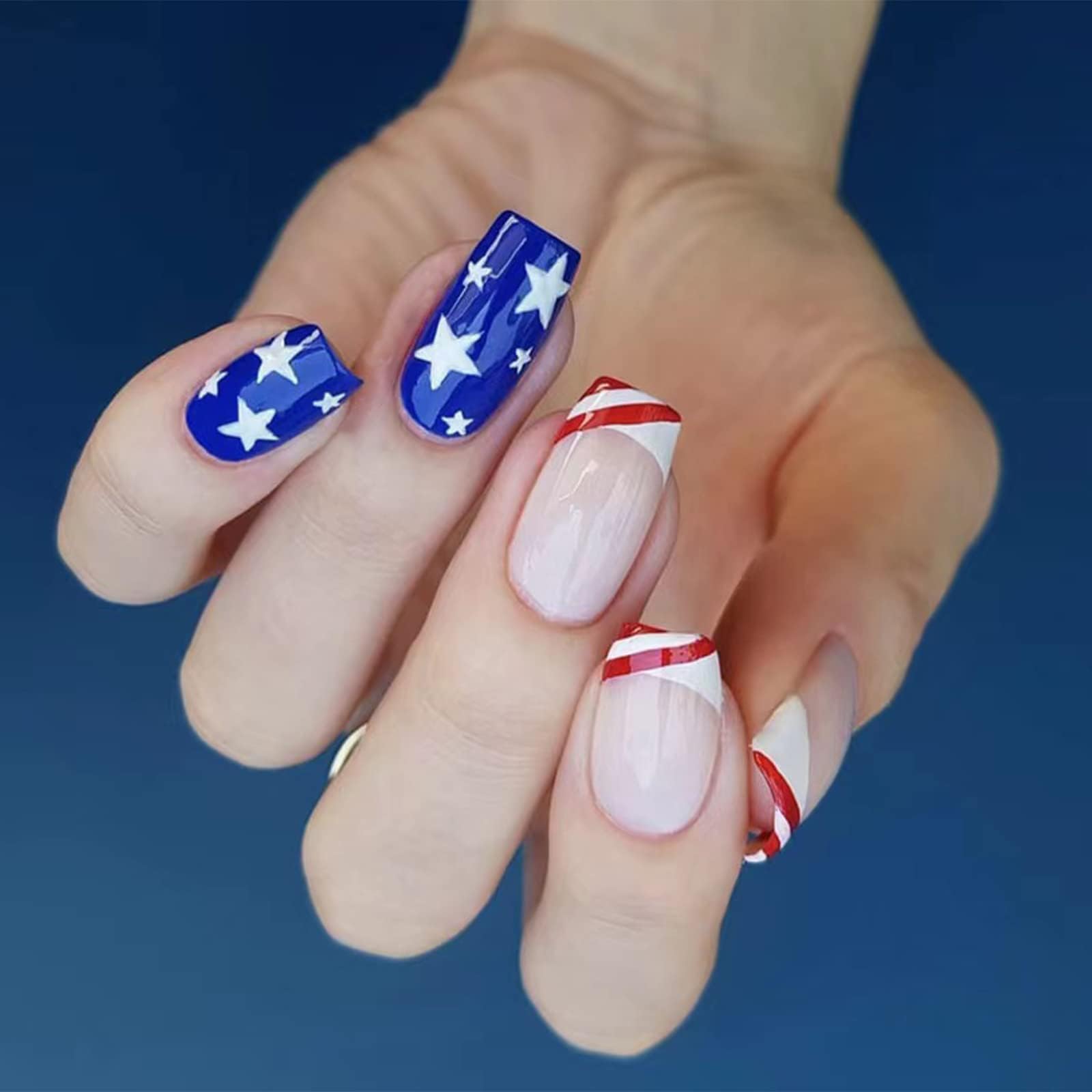 Amazon.com: 24Pcs 4th of July Press on Nails Short Square Fake Nails ...