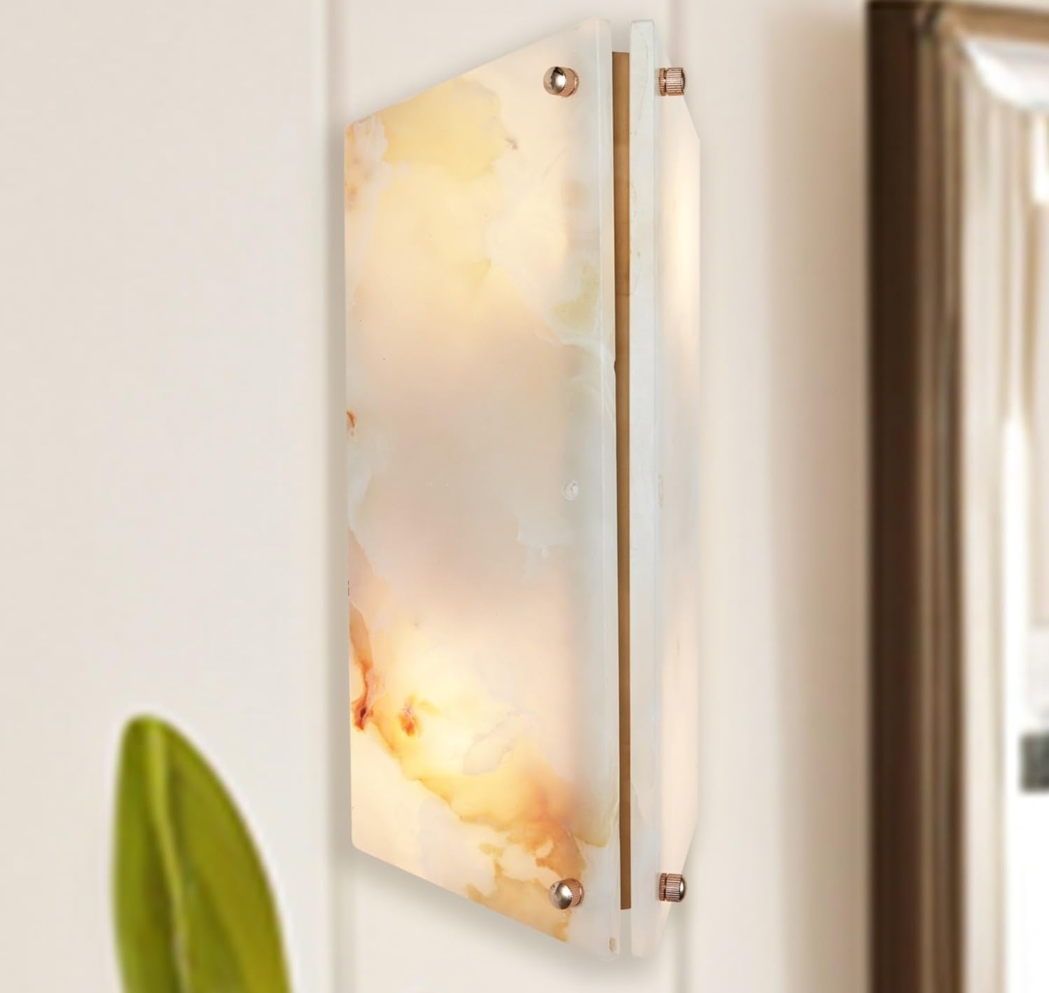 Art Deco Sconce Wall Lamp, Cream Onyx Stone and Brass Wall Sconce Light ...