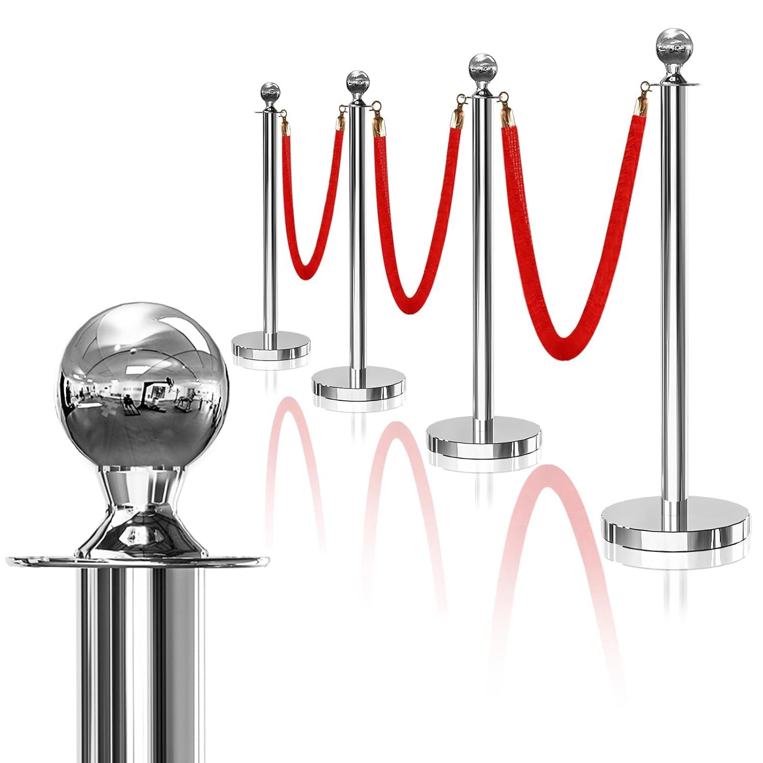 JLXMAXLJ 4PCS Silver Stanchions Posts with 3PCS 5 ft Red Velvet Rope ...