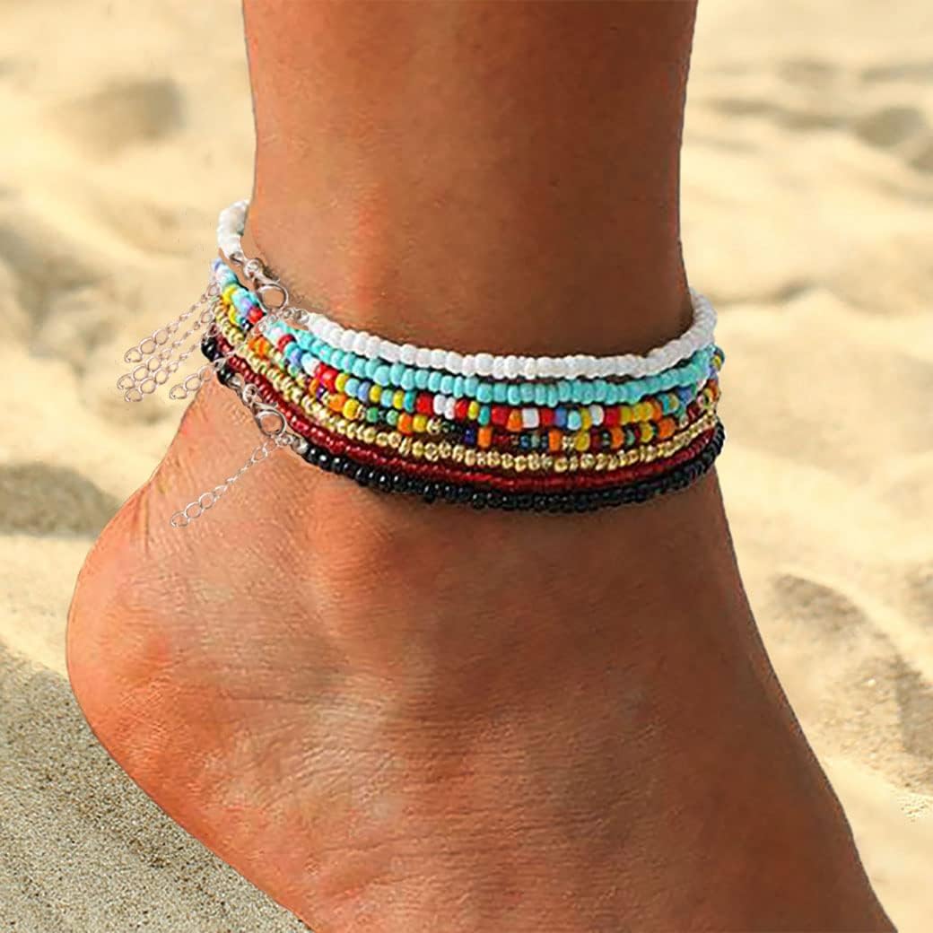 ROINBUILT Boho Beads Anklets Multilayered Women Anklets Colorful Women ...