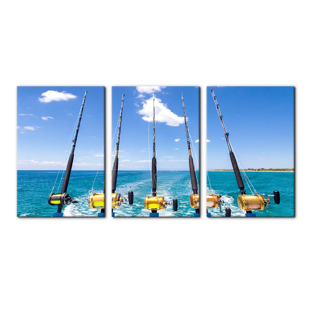 Amazon.com: 3 Pieces Canvas Wall Art Row of Five Fishing Rod and Reel ...
