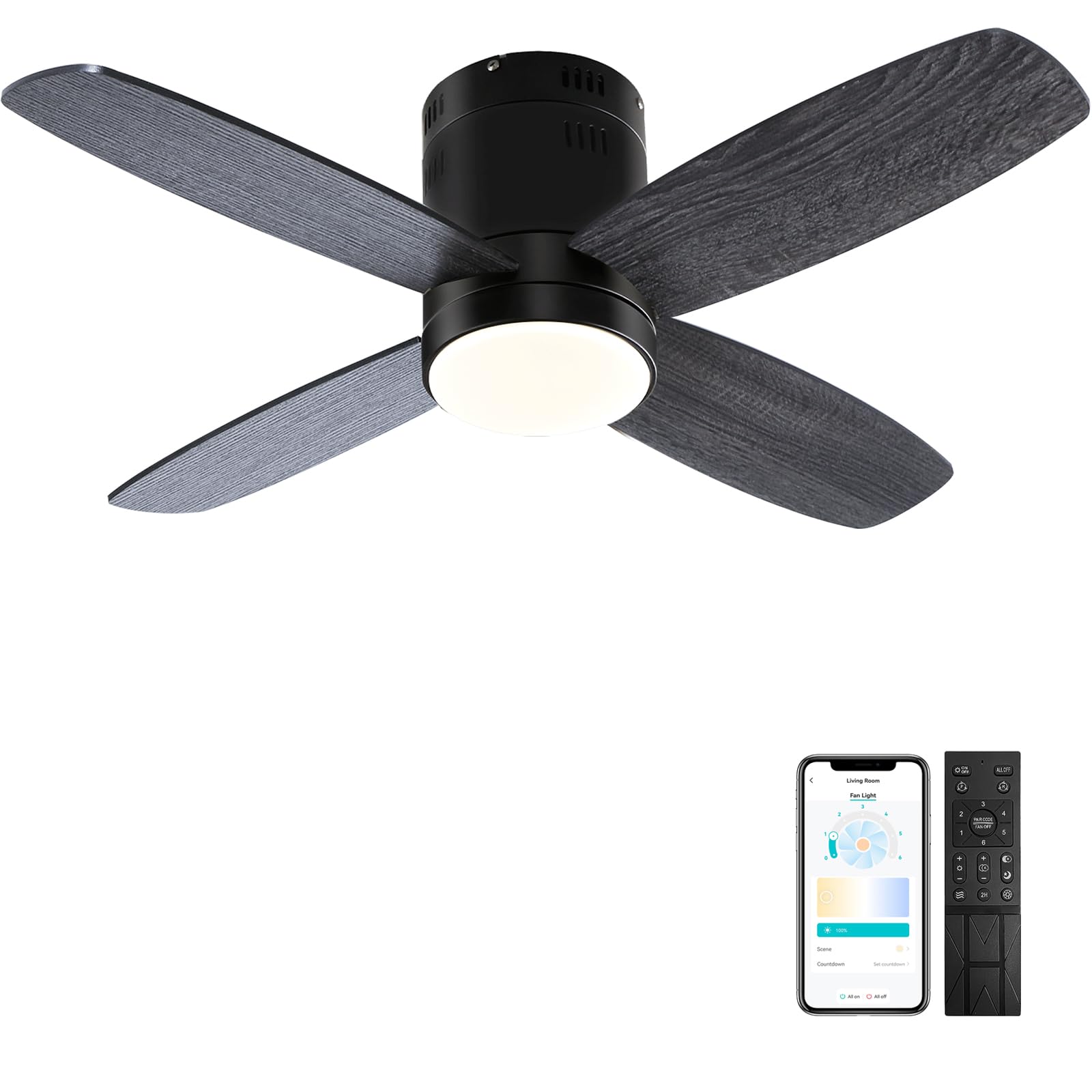 Ohniyou Ceiling Fan with Lights - 38'' Small Low Profile, Remote & APP ...