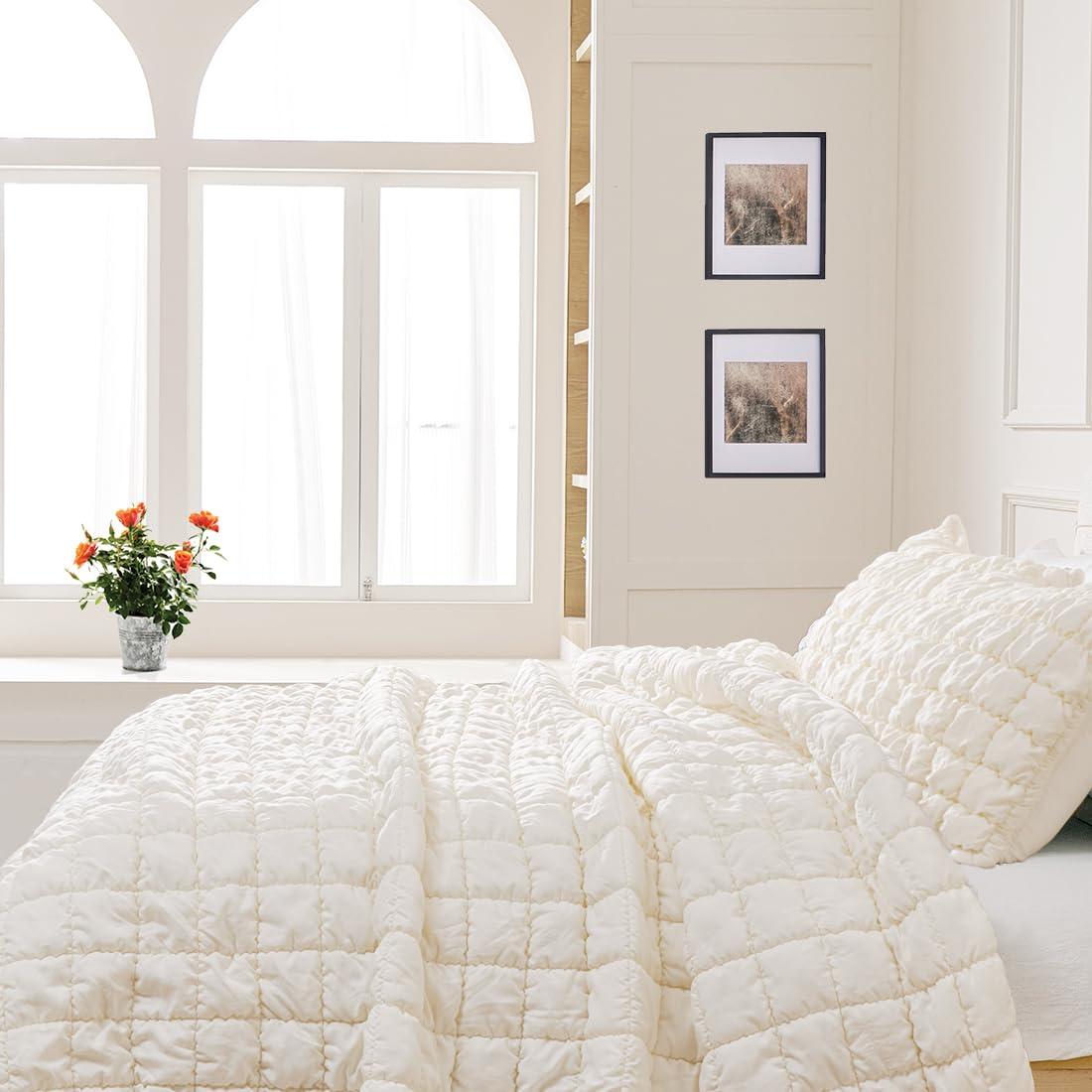 Amazon.com: COCOPLOCEUS 3 Piece Cream Quilt Set Full/Queen Size with ...