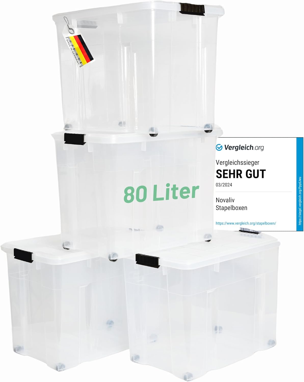 Novaliv Set of 4 Storage Boxes with Lids, 80 L, Transparent, Stackable ...