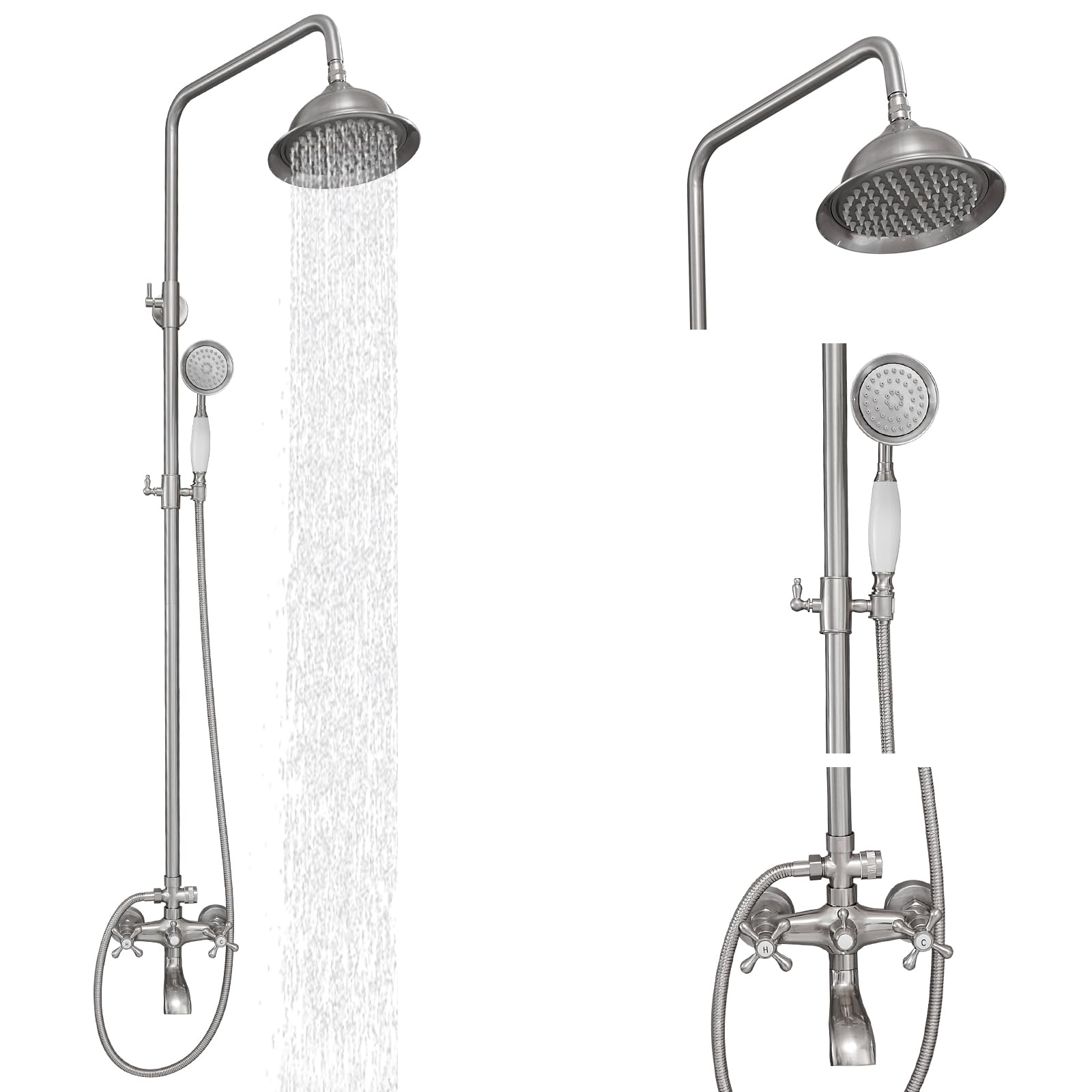 BWE Brushed Nickel Outdoor Shower Faucet Set 8 Inch Rain Shower Head ...
