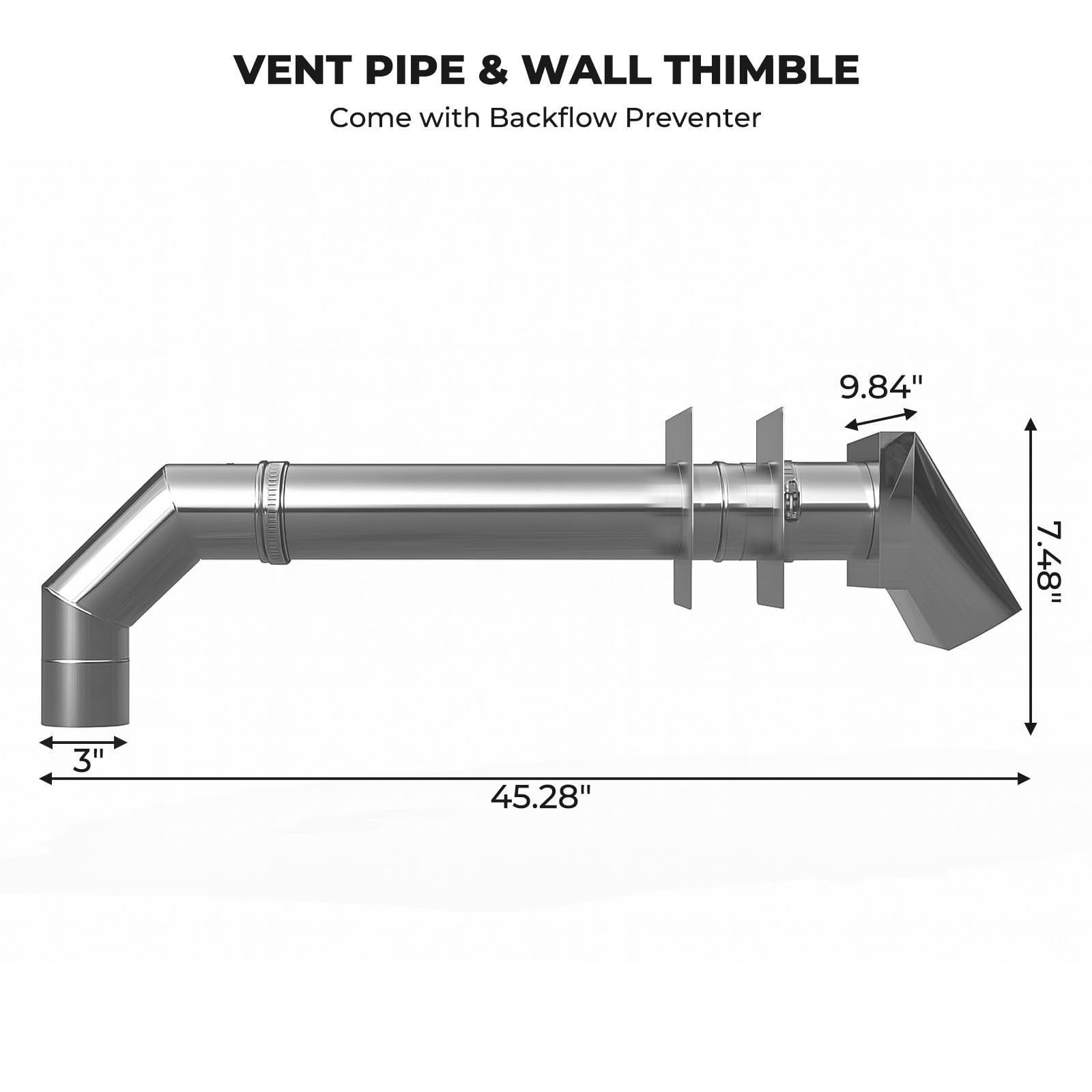 Snapklik.com : CAMPLUX 3" Horizontal Stainless Steel Vent Pipe Kit