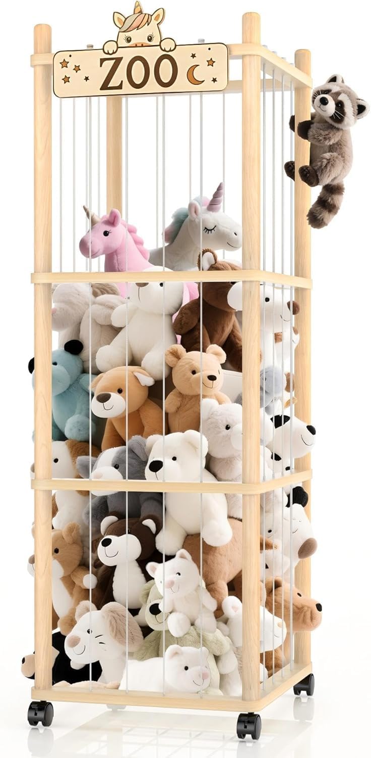 Stuffed Animal Zoo Storage with Wheels, Wooden Plush Toy Organiser Rack ...