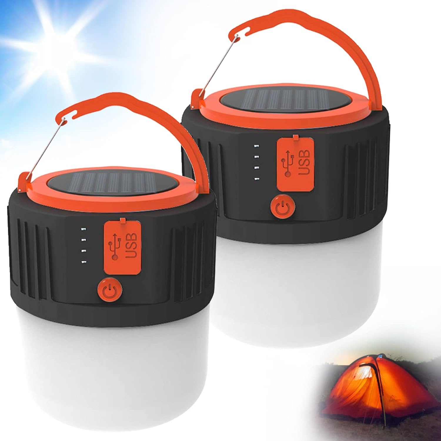 2 Pack Solar Camping Light, LED USB Rechargeable Camping Lantern ...