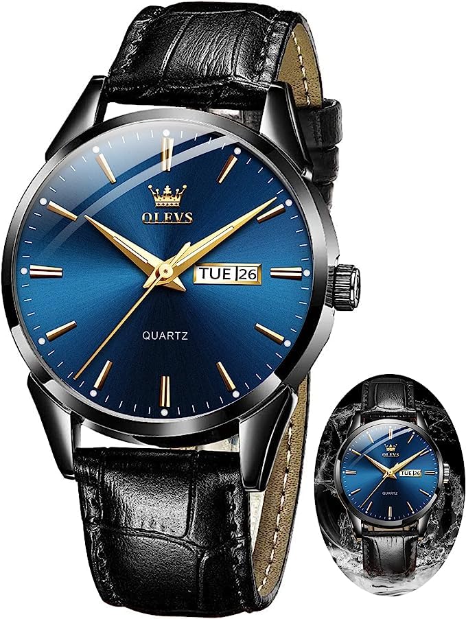 OLEVS Men's Watches Black Brown Leather Strap Wrist Watches for Mens Analog Quartz Casual Dress ...