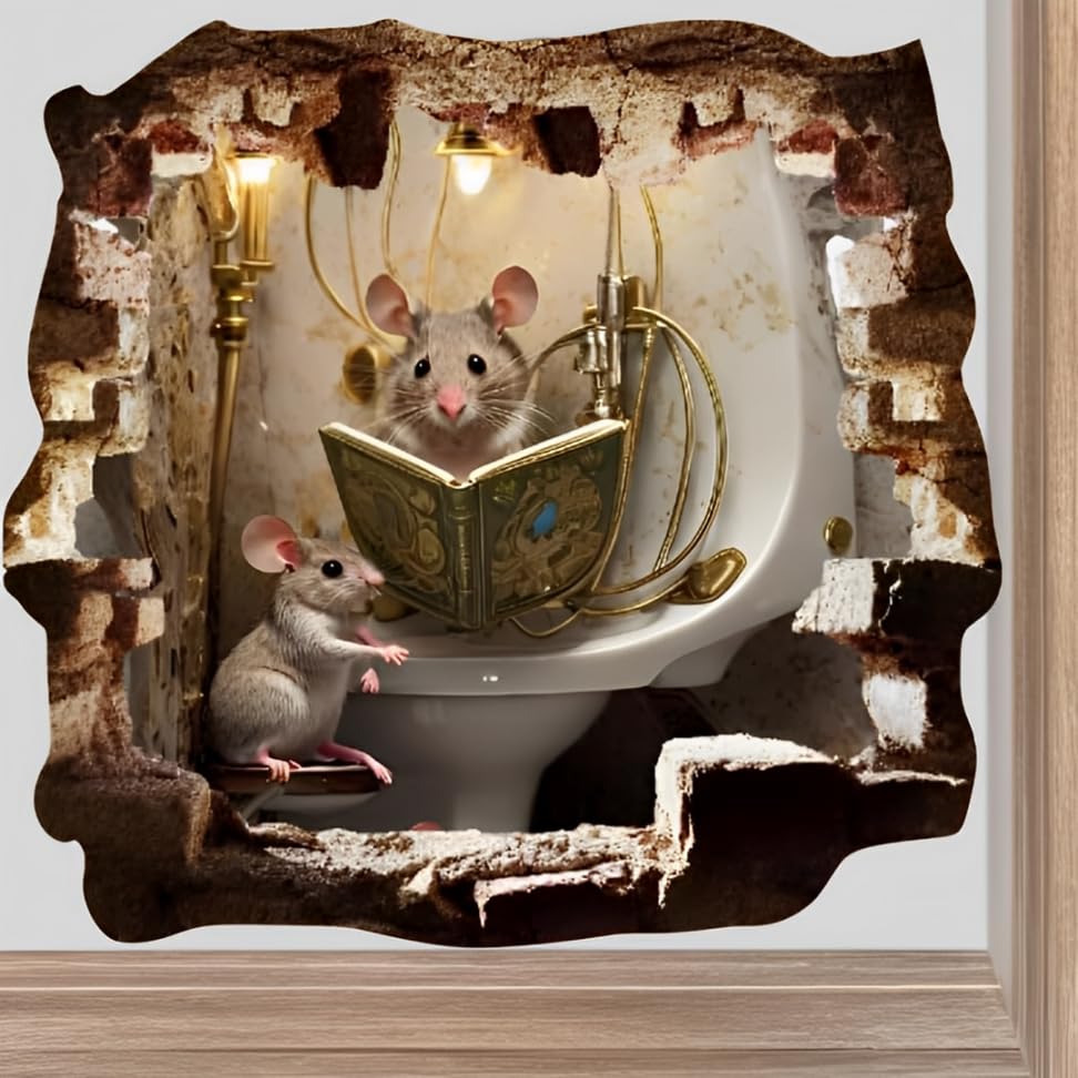 Amazon.com: Mouse Sitting on Toilet in Mouse Hole Decal, 3D Wall ...