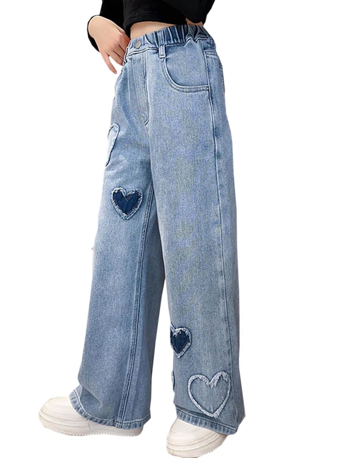 Snapklik.com : SANGTREE Girls High Elastic Waist Heart Patchwork Jeans