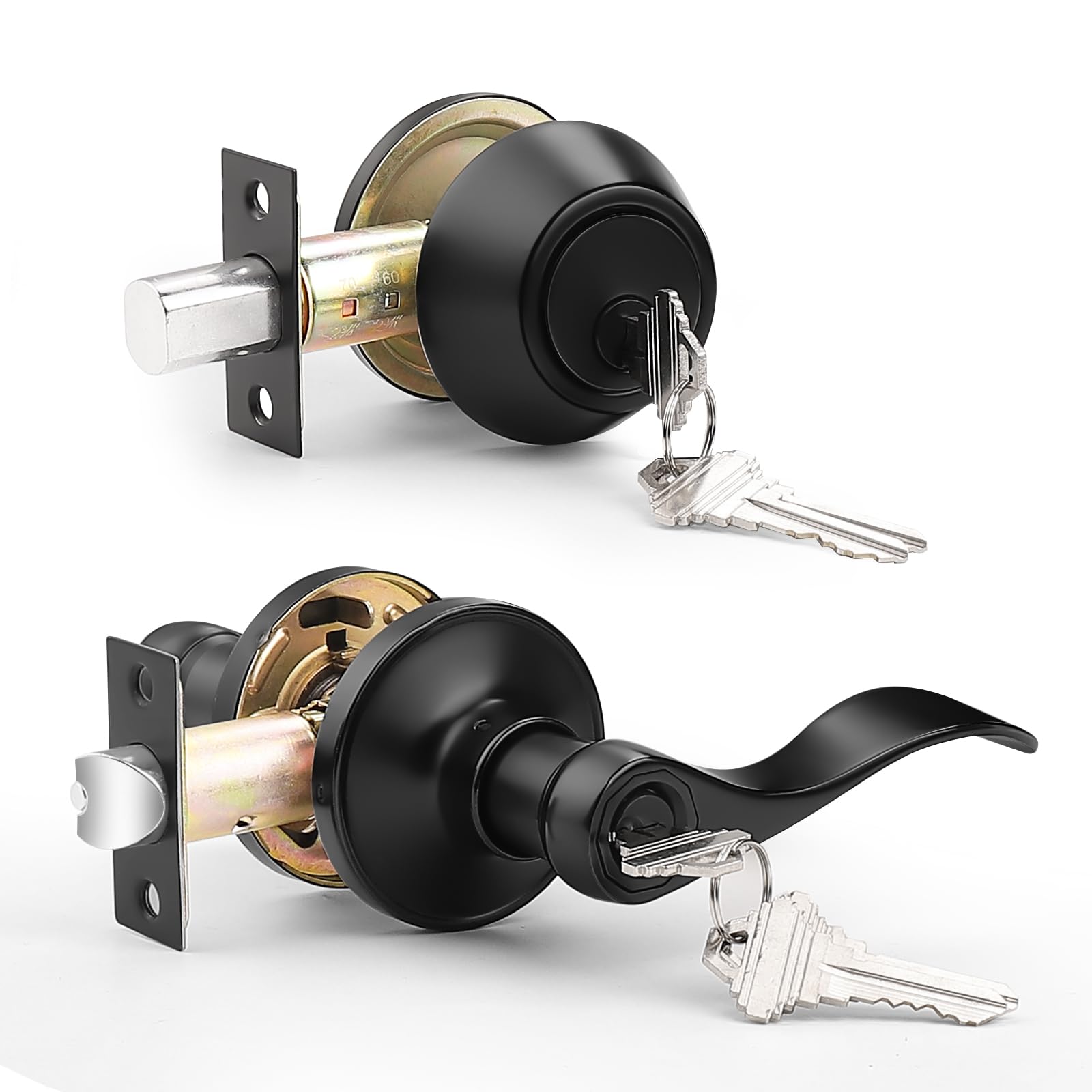 Probrico Front Door Handle and Single Cylinder Deadbolt Set, Black ...