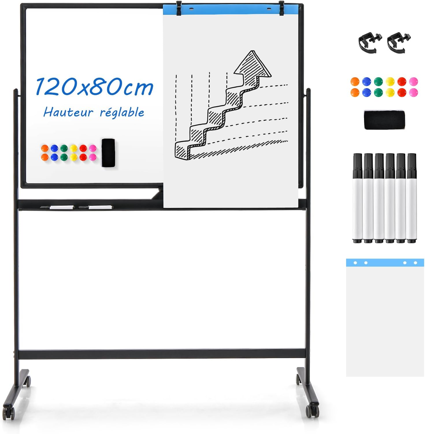COSTWAY Tableau Blanc Effacable sur Pied 120 x 80 cm, Tableau Blanc sur ...