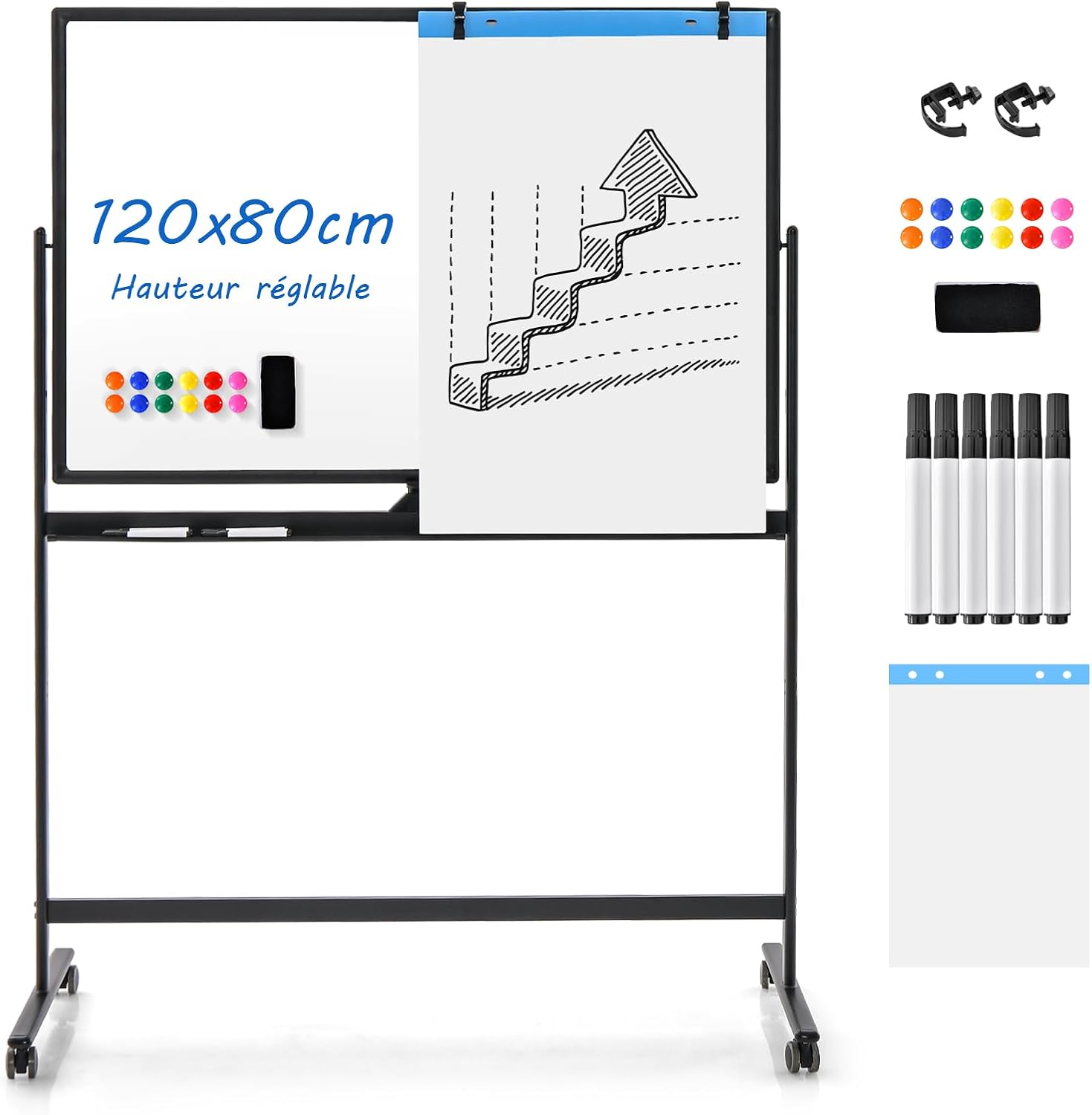 COSTWAY Tableau Blanc Effacable sur Pied 120 x 80 cm, Tableau Blanc sur ...